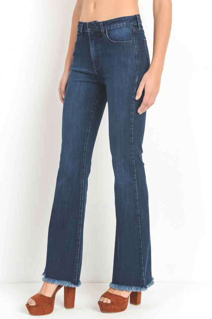 High Rise Dark Denim Frayed Hem Flare at Maria Vincent Boutique