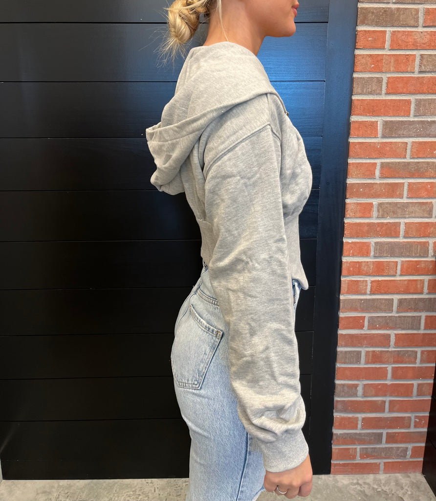 NIA Heather Grey Corset Hoodie at Maria Vincent Boutique